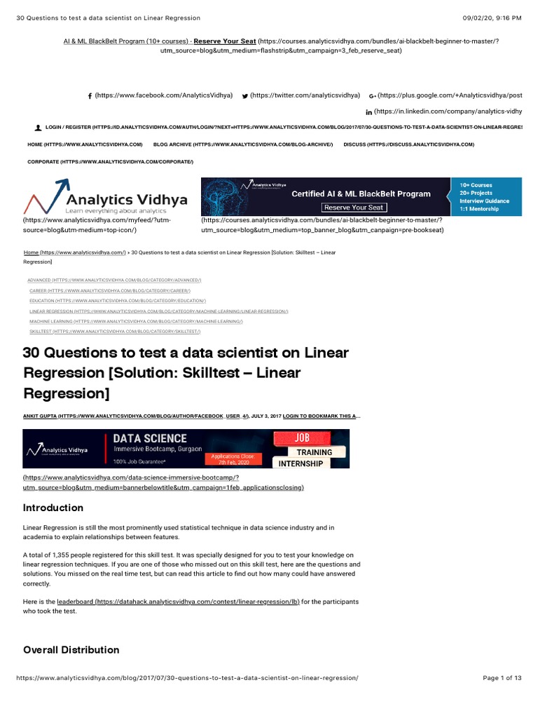 30 Questions To Test A Data Scientist On Linear Regression PDF | PDF ...