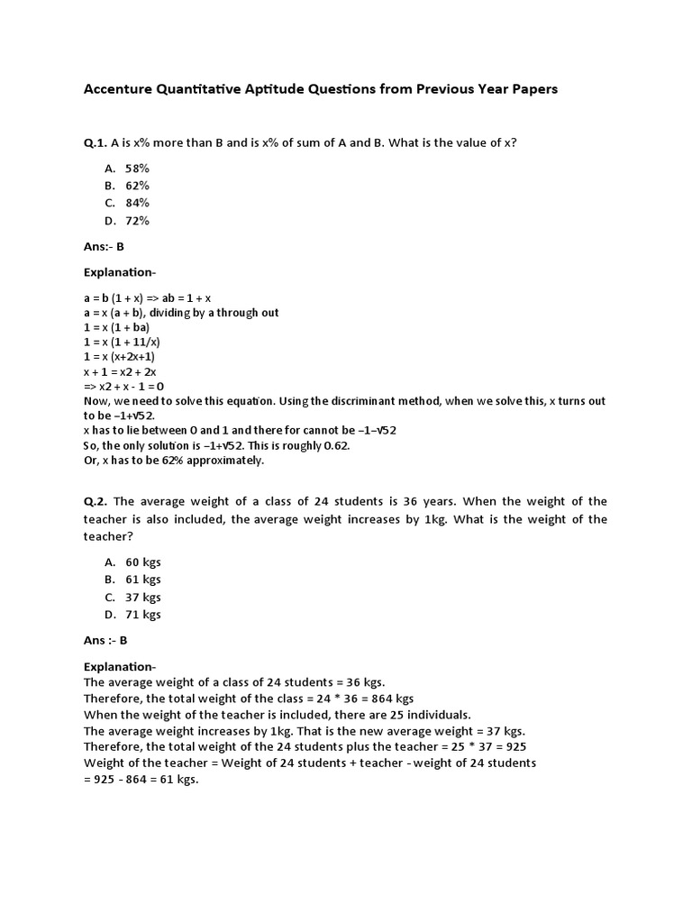 Accenture Quantitative Aptitude Questions From Previous Year Papers Pdf Quantitative Analyst