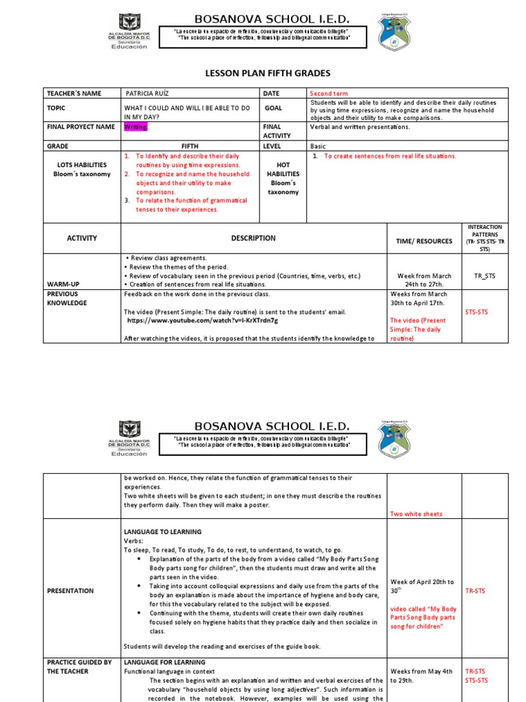 Fifth Grade Bilingual Lesson Plan | PDF | Verb | Language Mechanics