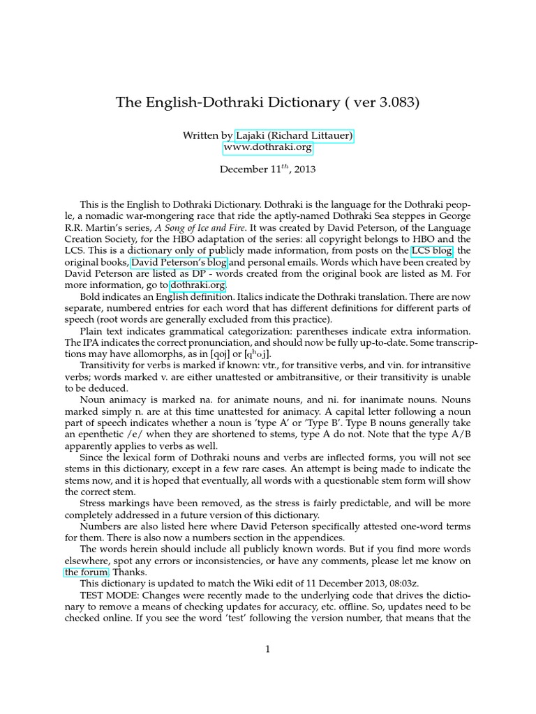 The English-Dothraki Dictionary (Ver 3.083) : Written by Lajaki ...