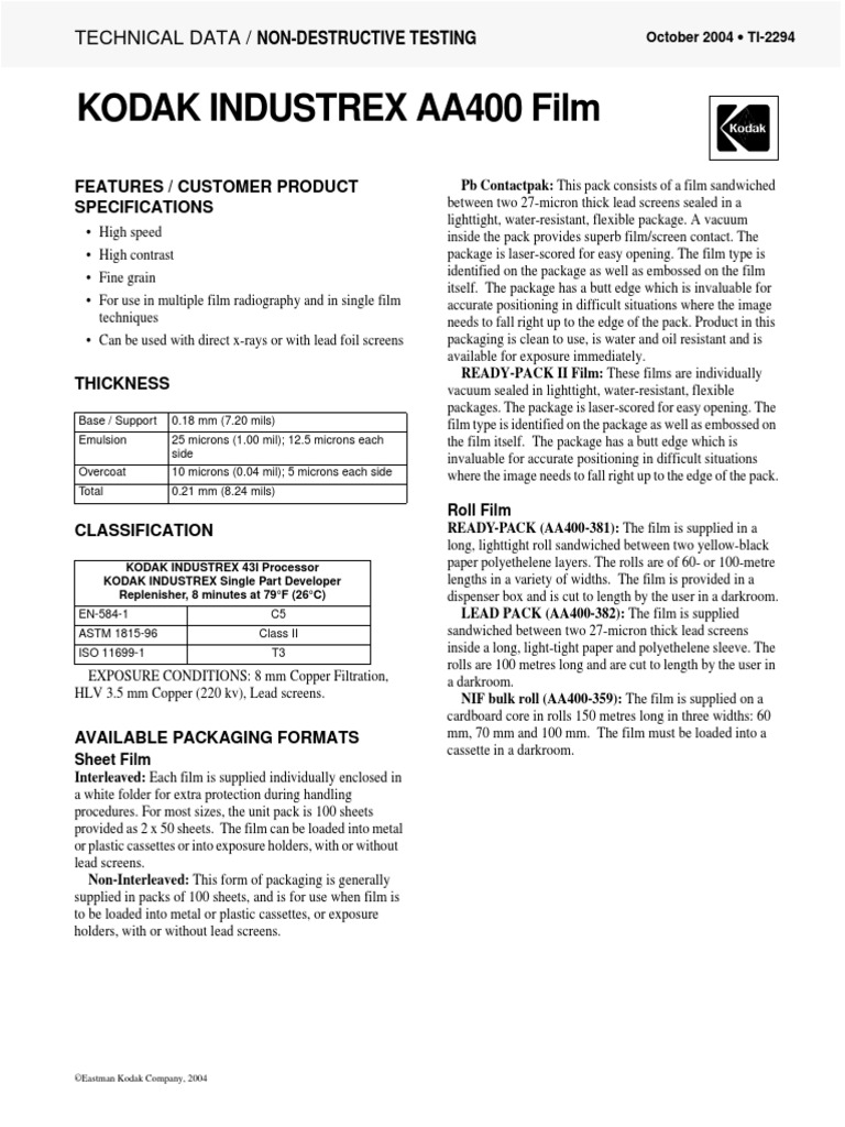 Kodak Industrex Aa400 Film: Technical Data / Non-Destructive Testing ...