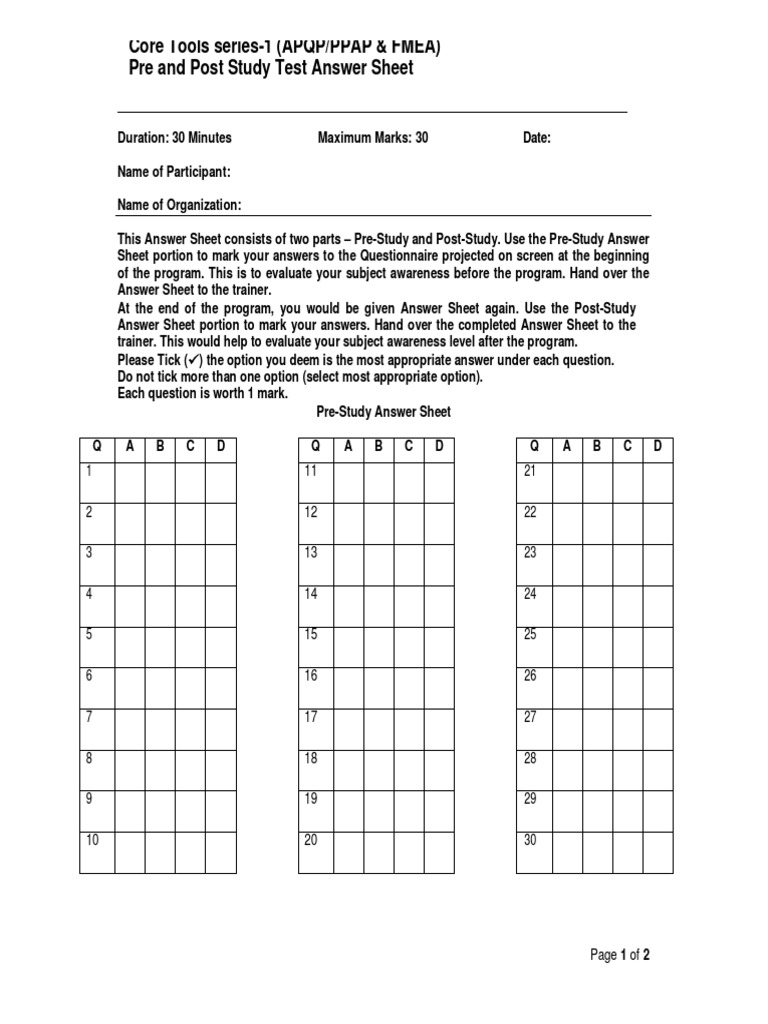 190803-Core Tools Pre & Post Study Answer Sheet | PDF | Evaluation ...