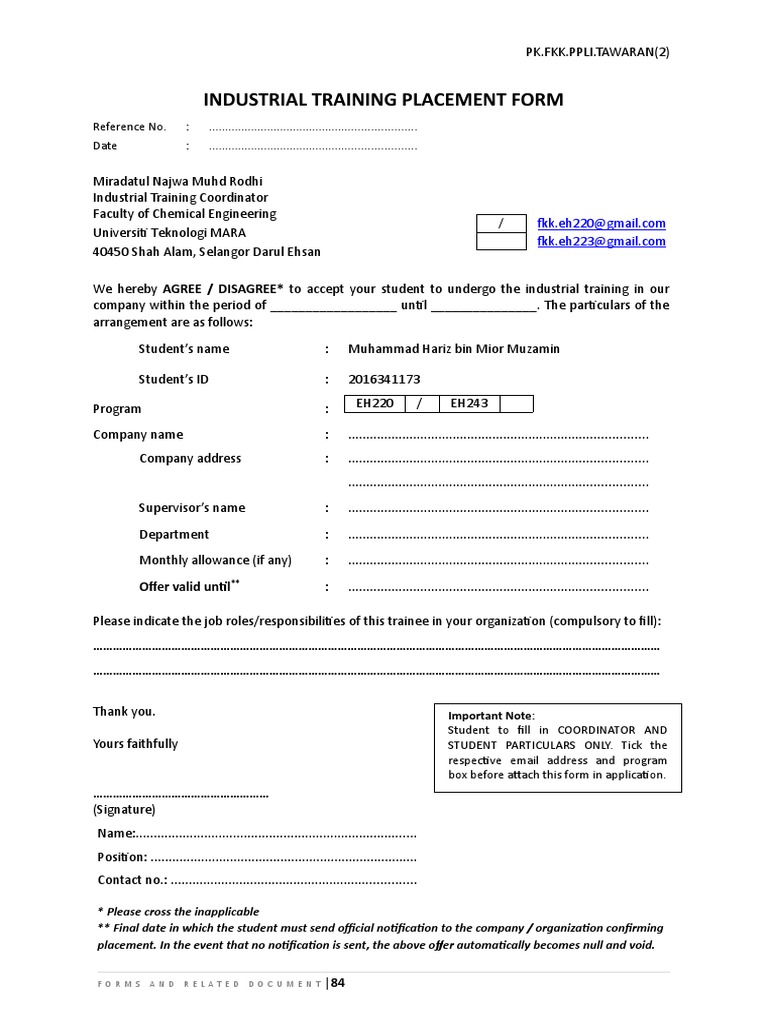 Industrial Training Placement Form - Offer Letter Rev B | PDF | Email ...