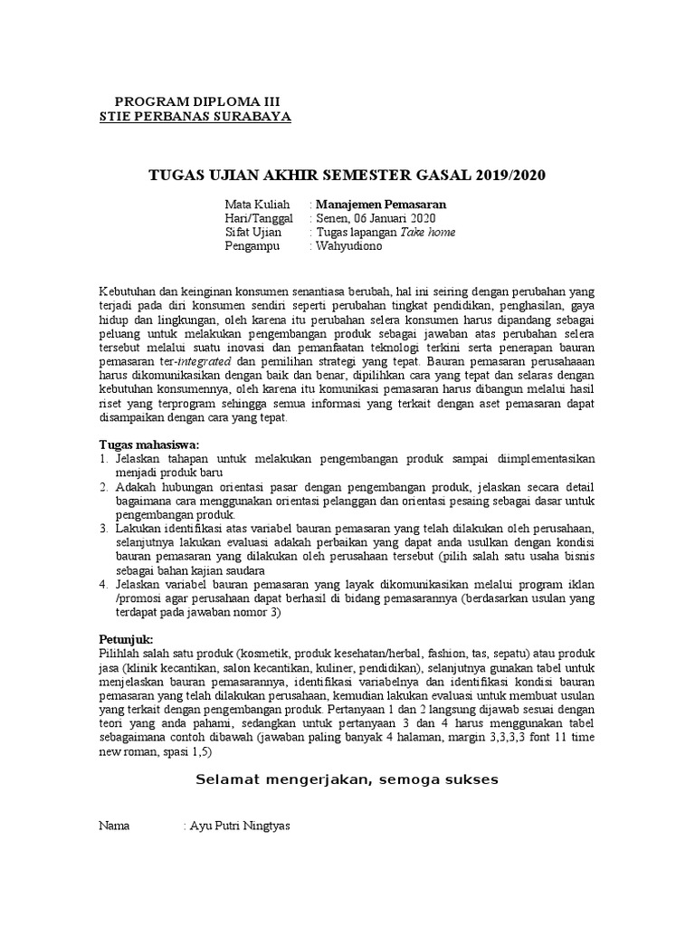 06.01.2020 Tugas Uas - Manajemen Pemasaran | PDF