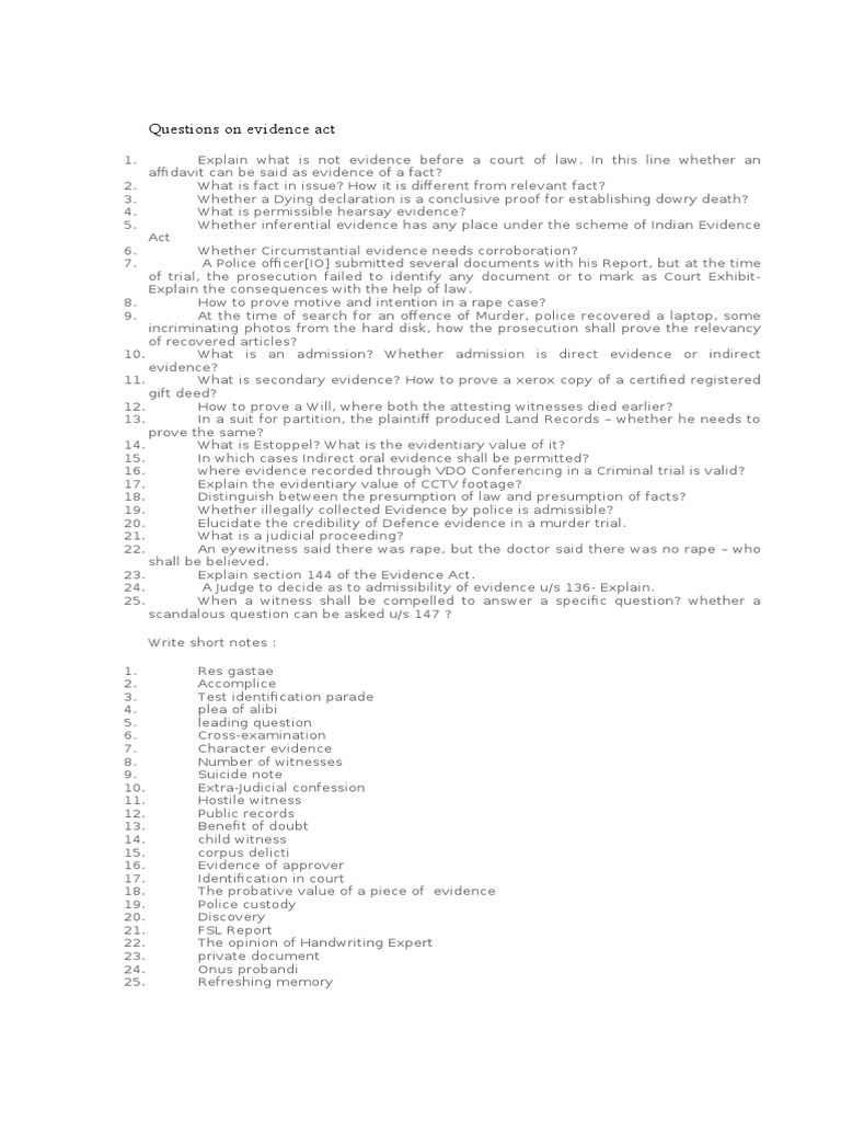 Key Questions on Evidence Act | PDF | Evidence (Law) | Witness