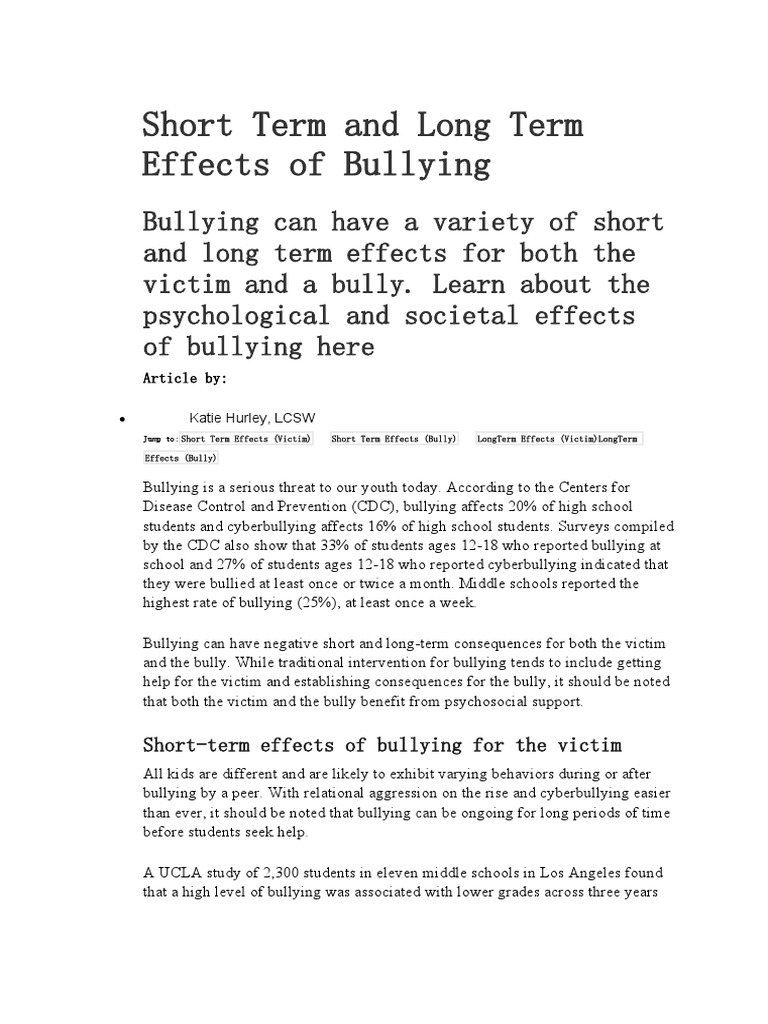 Short Term and Long Term Effects of Bullying | PDF | Bullying ...