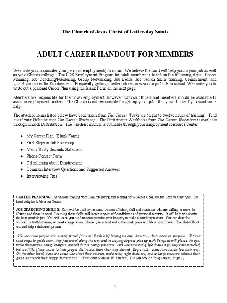 Adult Career Handout For Members | PDF | Job Interview | The Church Of ...