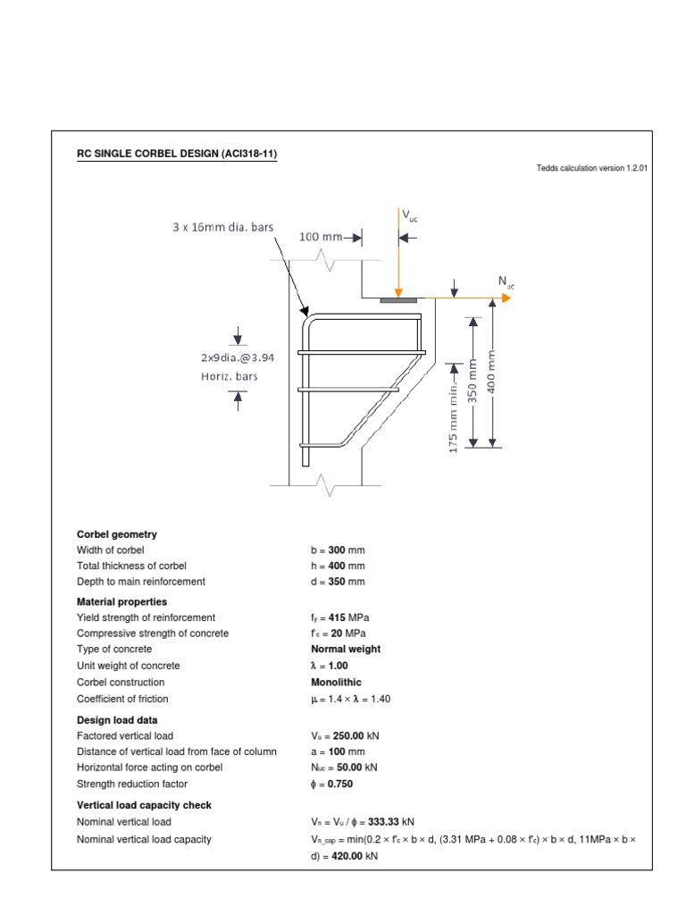 RC Single Corbel Design (Aci318-11) : Tedds Calculation Version 1.2.01 | PDF