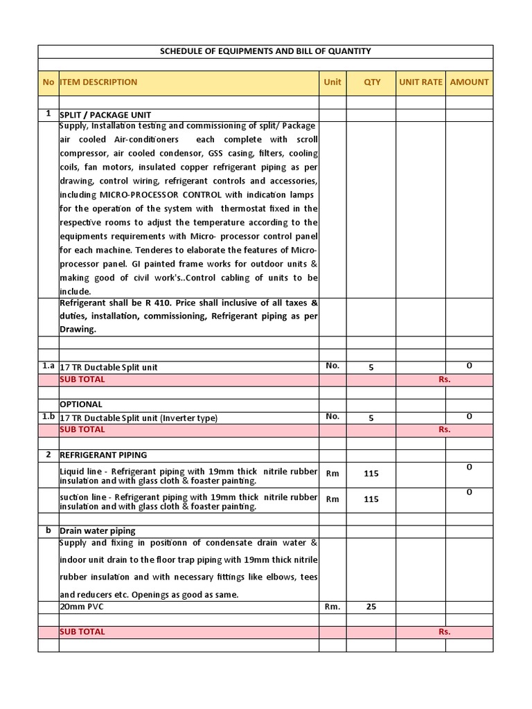 No Item Description Unit QTY Unit Rate Amount: Sub Total Rs | PDF | Duct (Flow) | Architectural ...