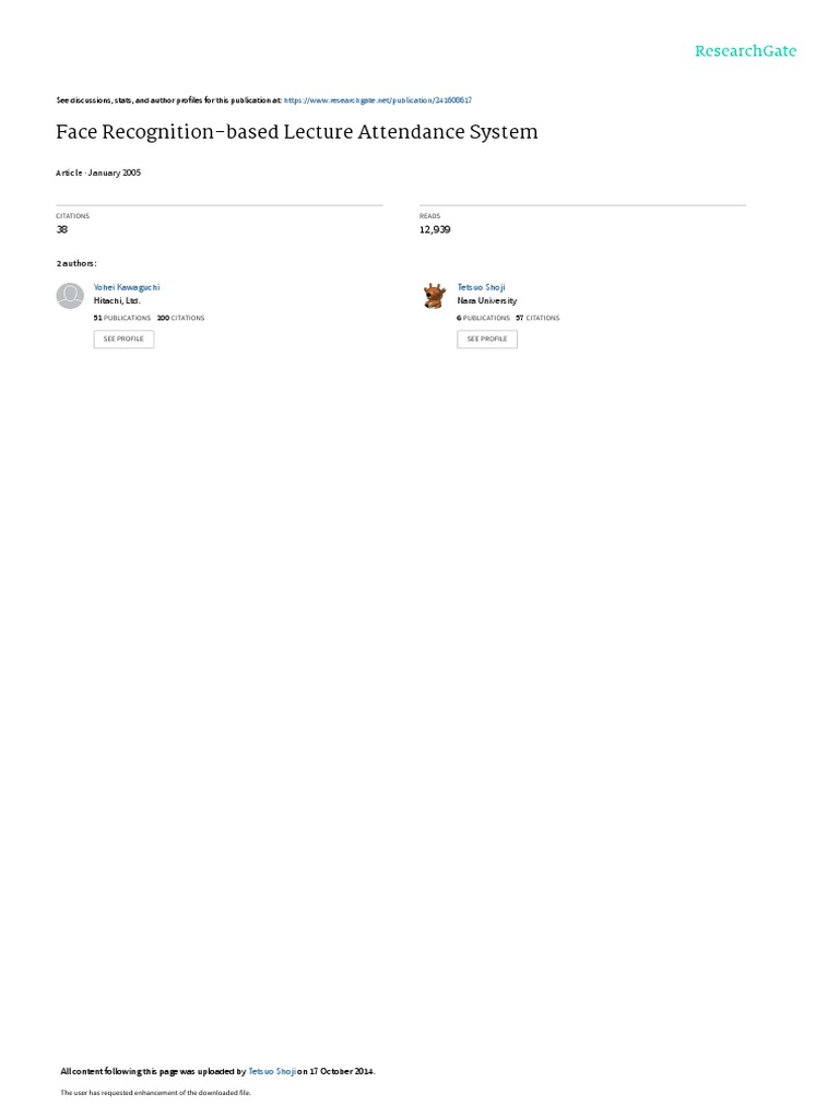 Face Recognition-Based Lecture Attendance System: January 2005 | PDF | Lecture | Cognitive Science
