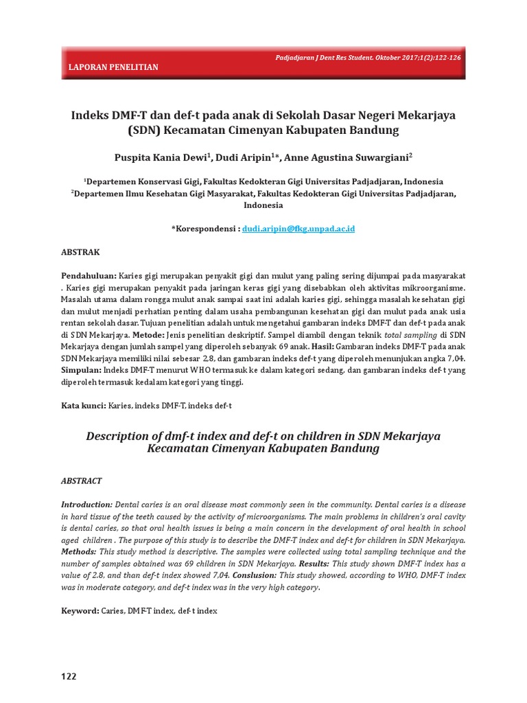 Indeks DMF-T Dan Def-T Pada Anak Di Sekolah Dasar PDF | PDF