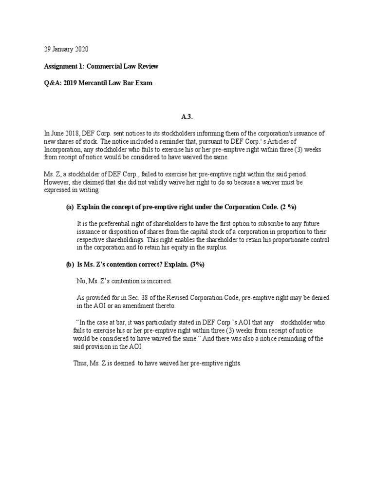 Answers To 2018 Bar Exam in Commercial Law | PDF | Stocks | Cheque
