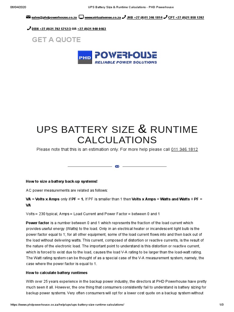 UPS Battery Size & Runtime Calculations - PHD Powerhouse | PDF ...