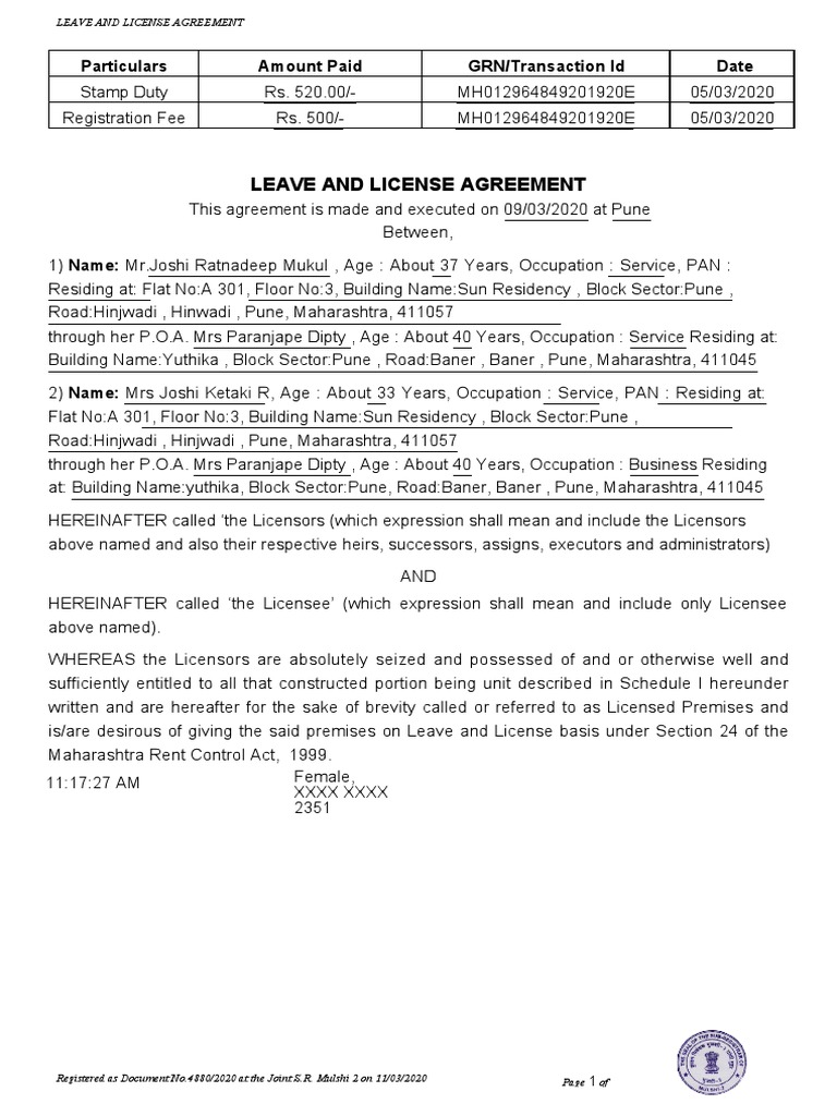 Agreement for Leave and License of Residential Property in Pune ...