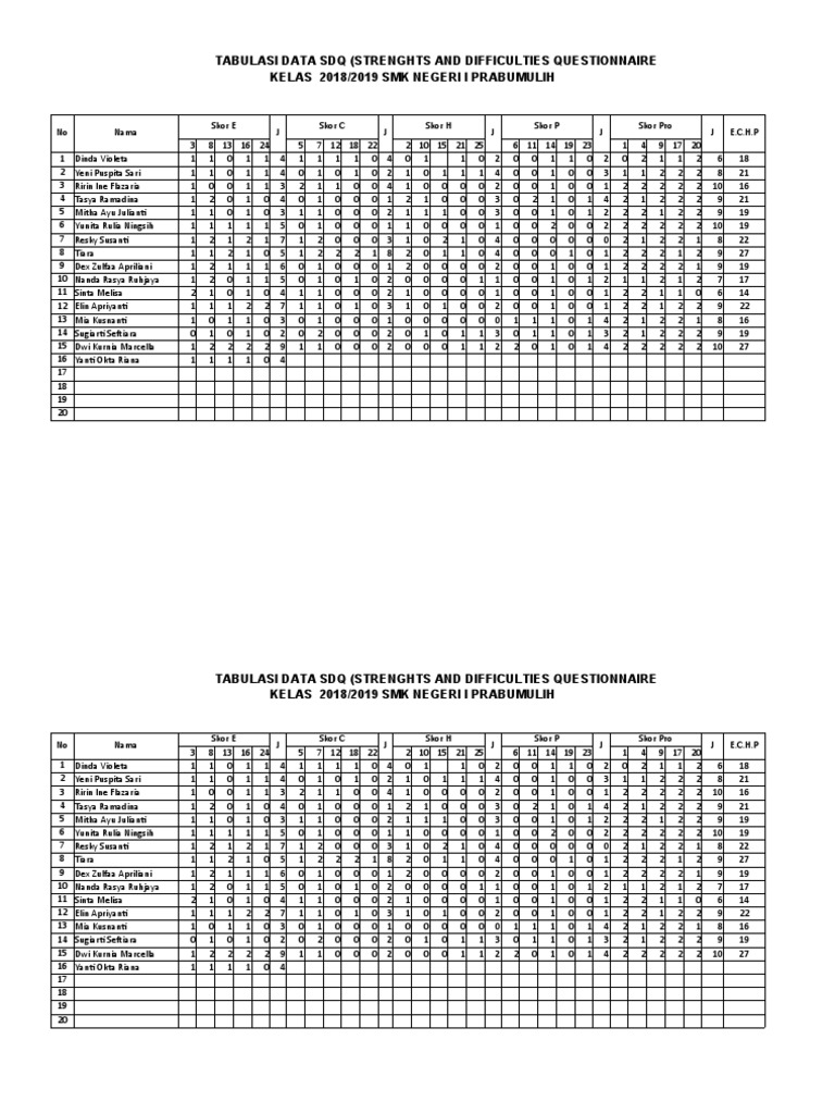 SDQ Data Summary 2018/2019 SMK Prabumulih | PDF