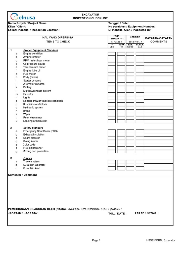 HSSE-FORM. Excavator | PDF