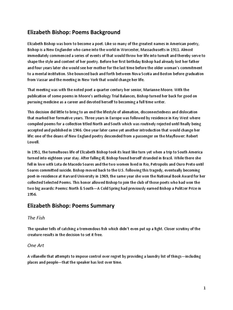 Elizabeth Bishop: Poems Background: The Fish | Download Free PDF | Poetry