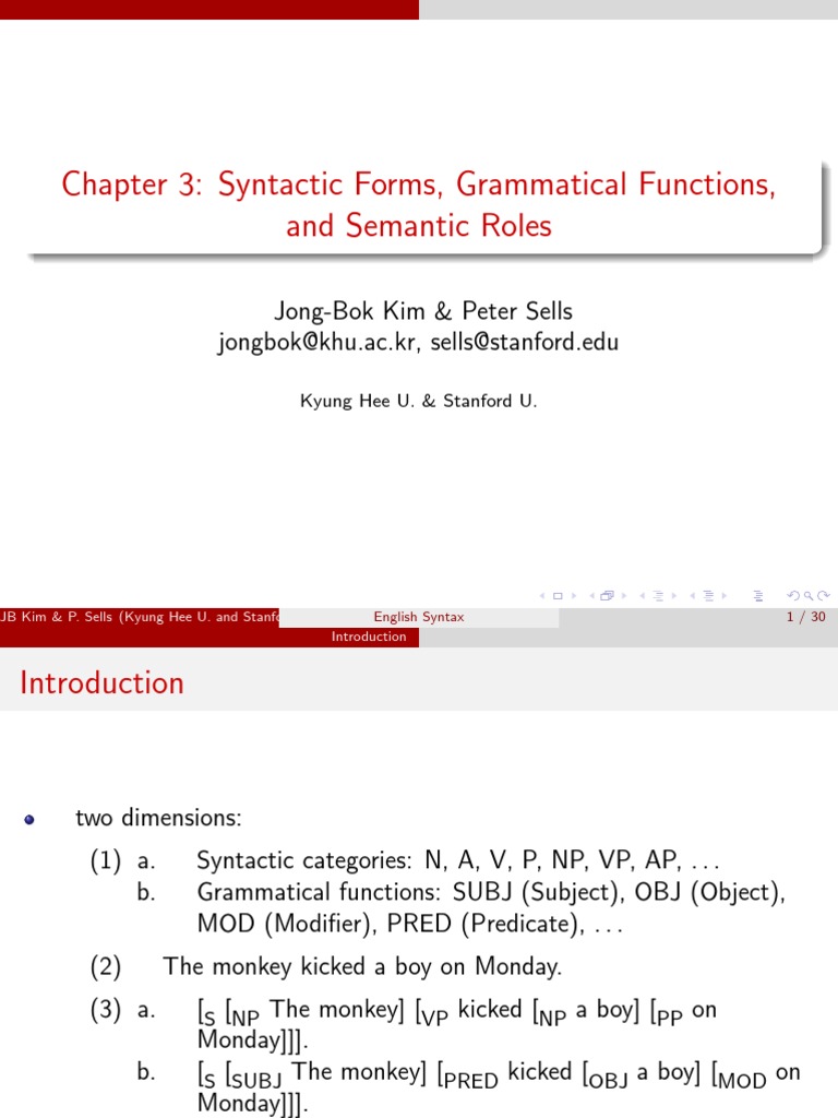 Chapter 3: Syntactic Forms, Grammatical Functions, and Semantic Roles ...