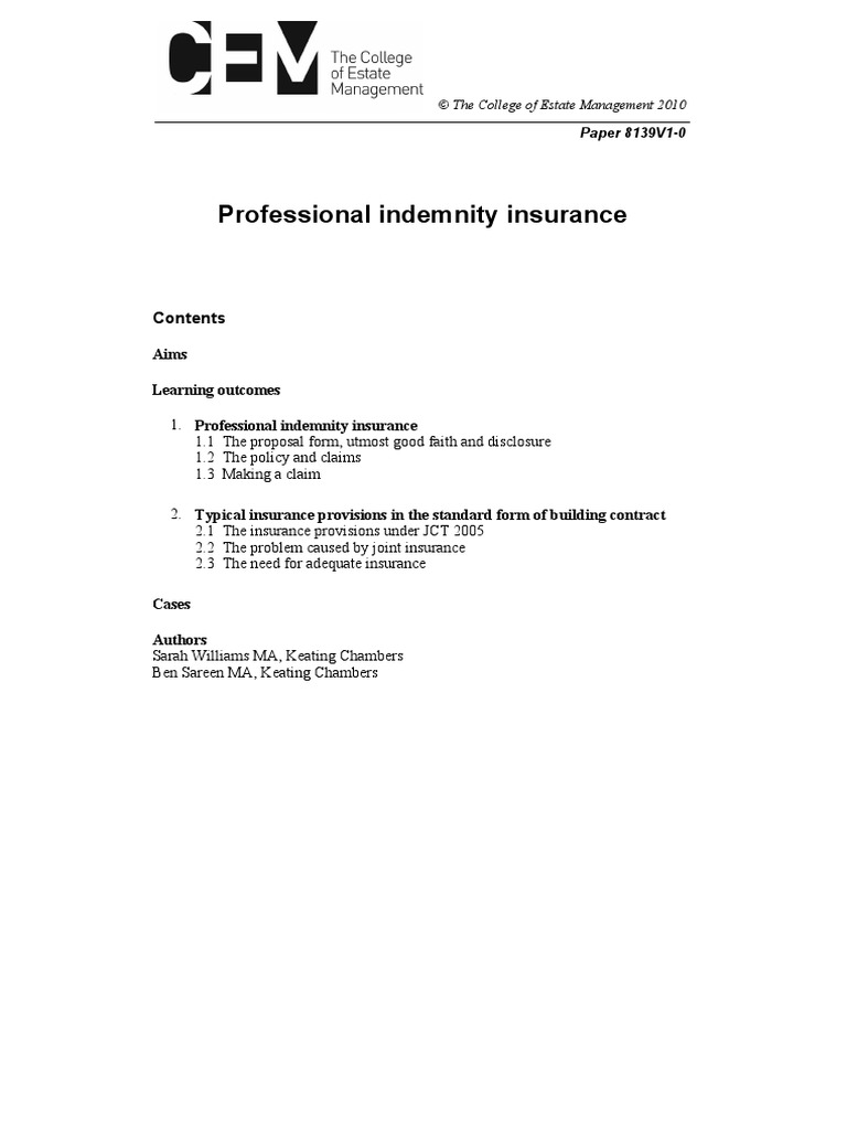 Professional Indemnity Insurance: Aims Learning Outcomes | PDF | Costs ...