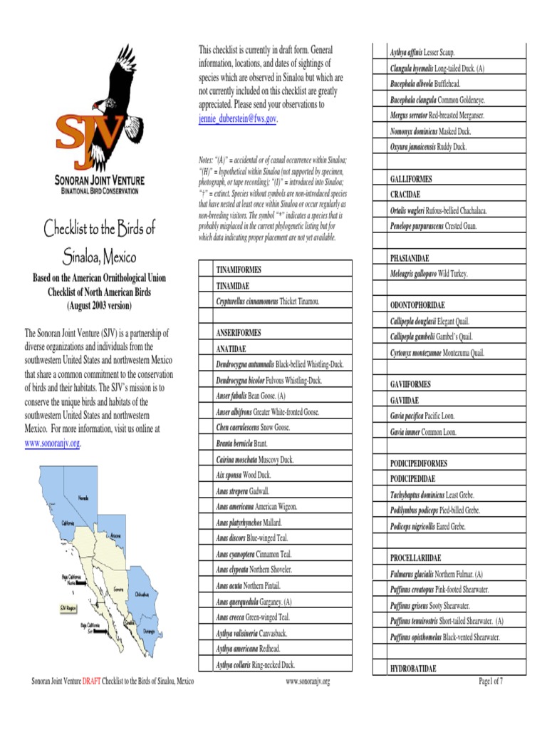 Checklist To The Birds of Sinaloa, Mexico: Jennie - Duberstein@fws ...