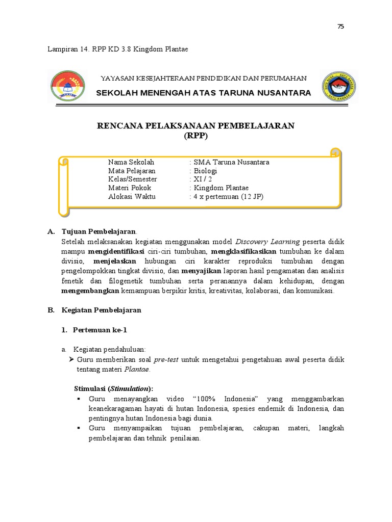 Contoh RPP 1 Lembar | PDF