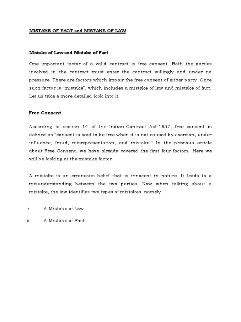 MISTAKE OF FACT and MISTAKE OF LAW | PDF | Void (Law) | Legal Concepts
