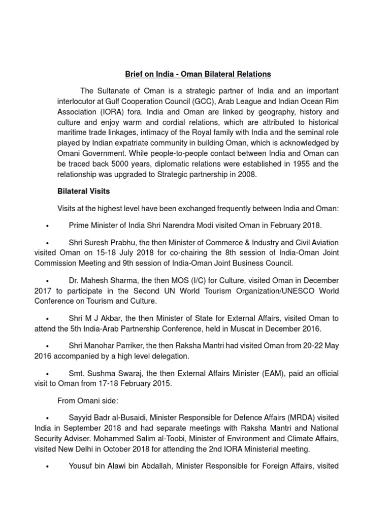 Brief On India - Oman Bilateral Relations | PDF | Oman | United Arab ...