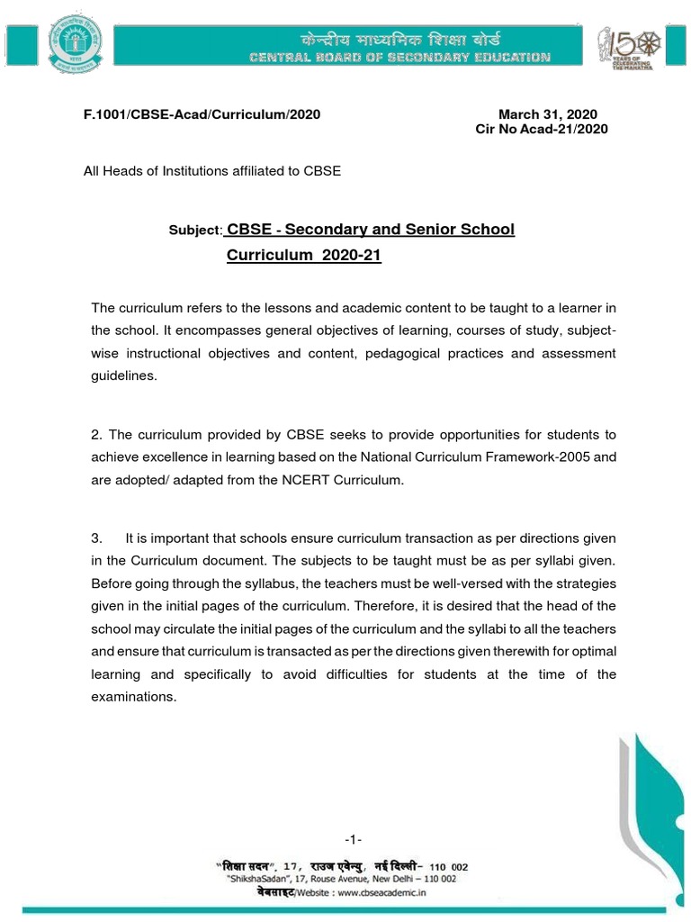 Cbse Secondary and Senior School Curriculum 2020-21: F.1001/CBSE-Acad ...
