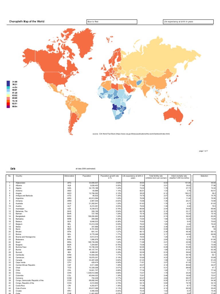 Choropleth Map of The World: Blue To Red Life Expectancy at Birth in ...