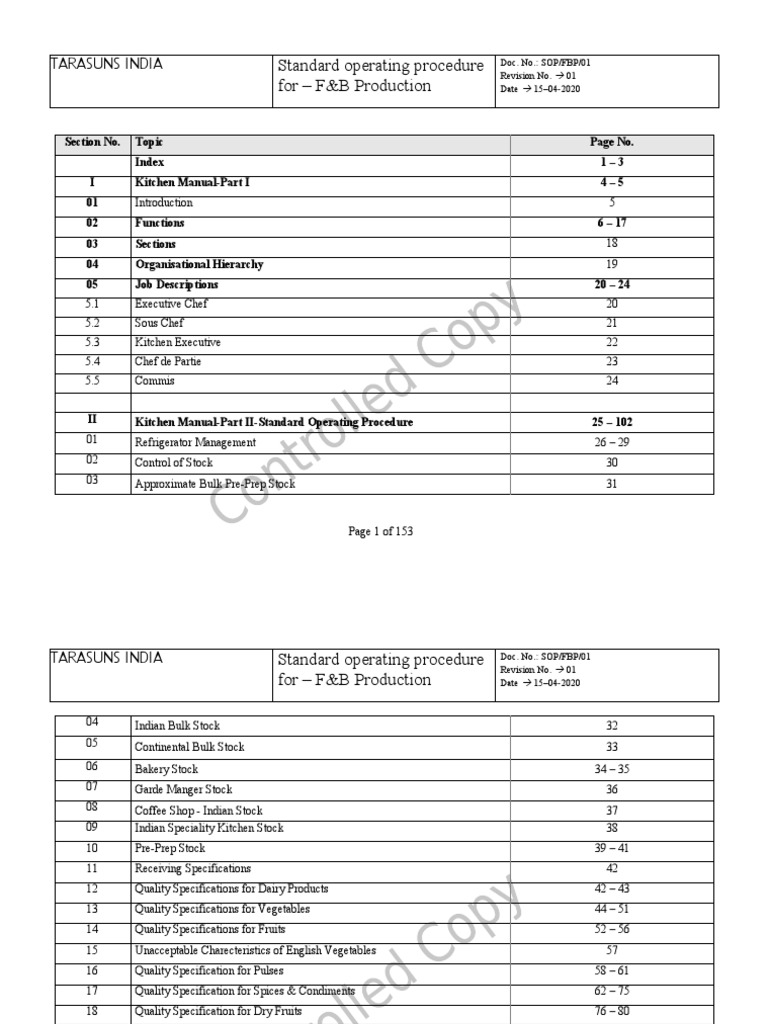 Standard Operating Procedure For F&B Production | PDF | Refrigerator | Chef