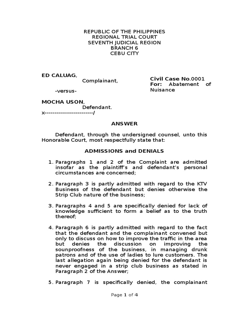 Answer (Abatement of Nuisance) | Download Free PDF | Cause Of Action ...