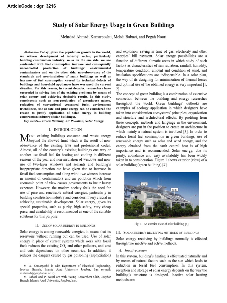 Study of Solar Energy Usage in Green Buildings: Mehrdad Ahmadi ...