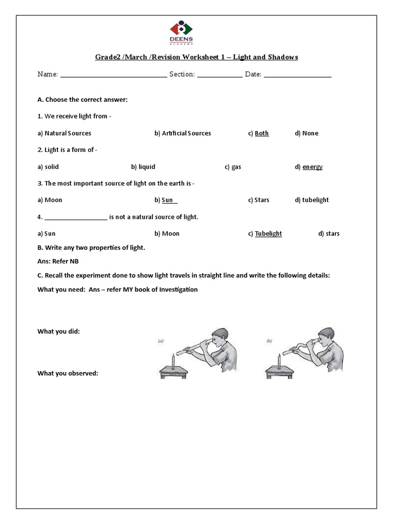 Grade 2 Light and Shadows Worksheet | PDF