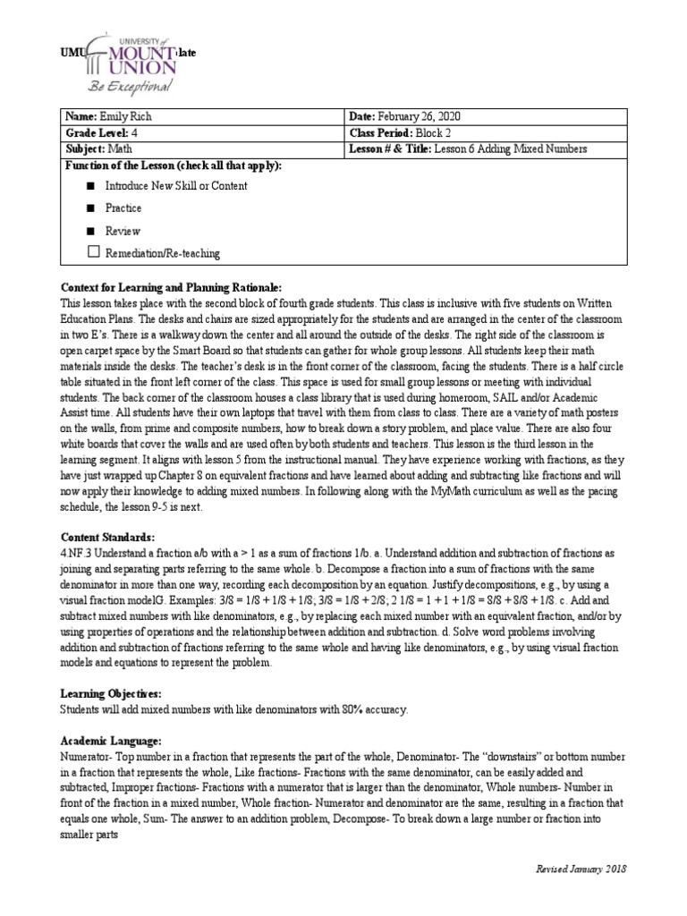 Ed Tpa Lesson 3 Spring 2020 | PDF | Fraction (Mathematics) | Classroom