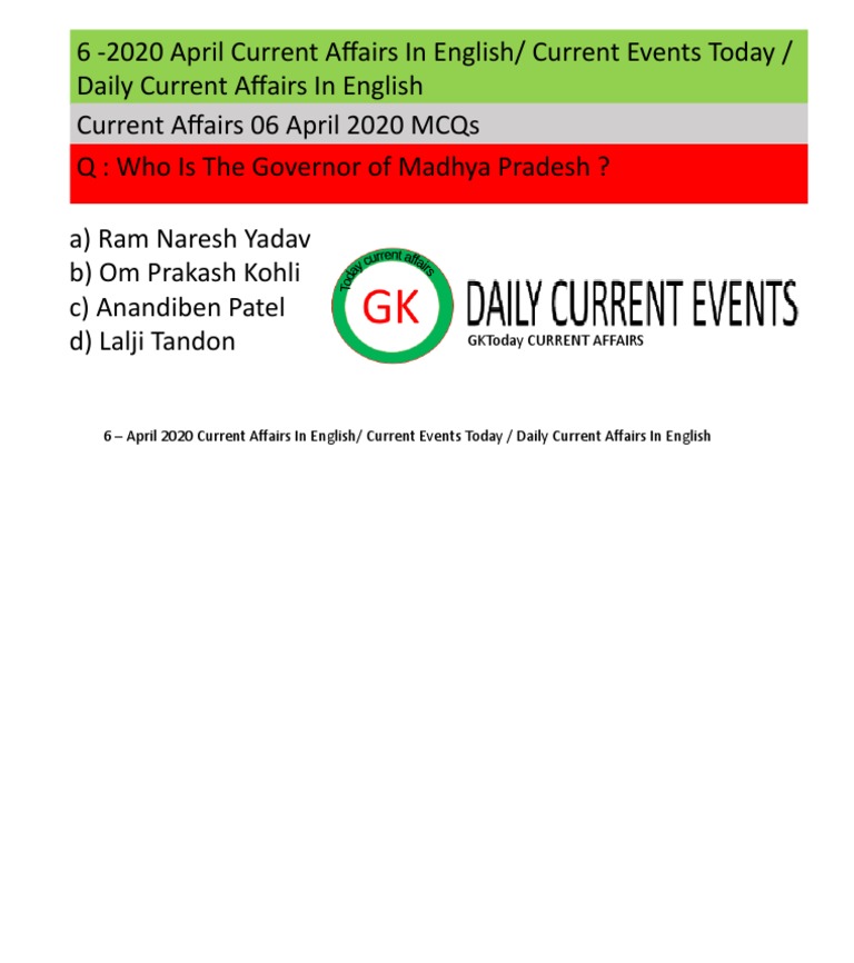April 2020 Current Affairs Quiz | PDF