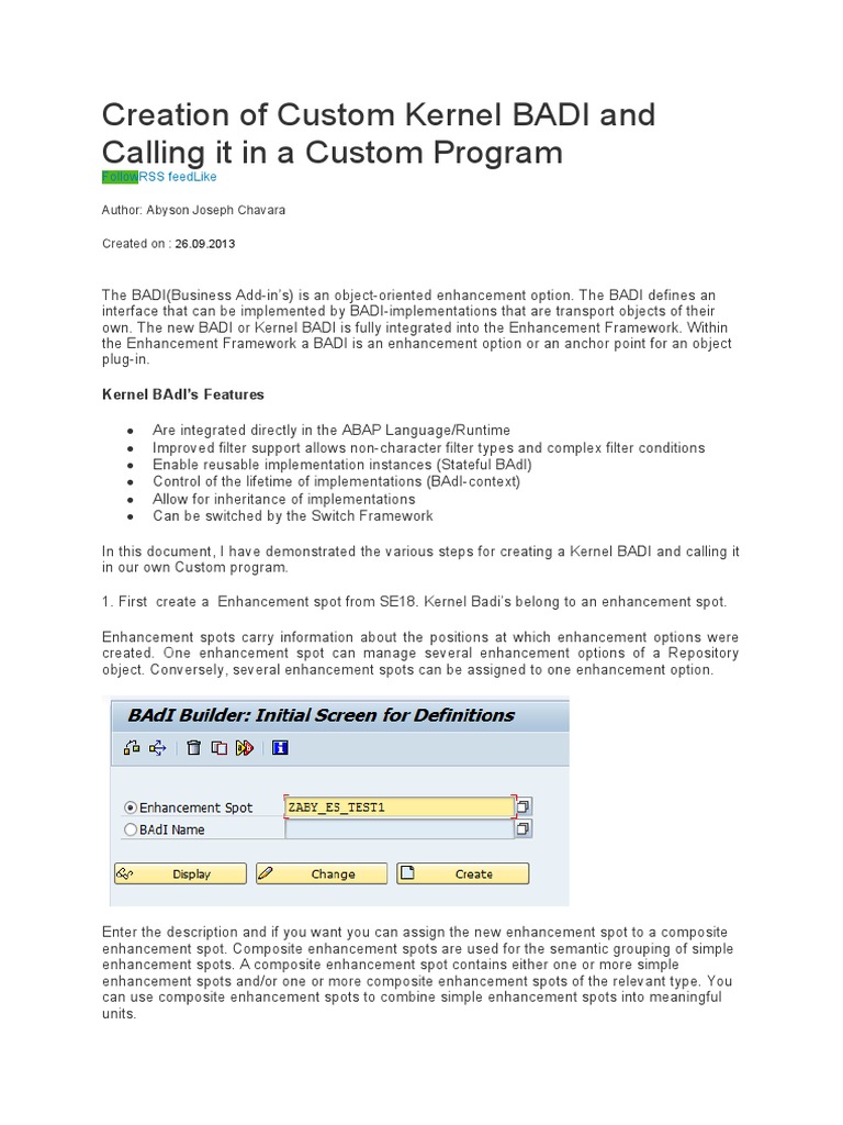 Creation of Custom Kernel BADI and Calling It in A Custom Program | Download Free PDF | Class ...