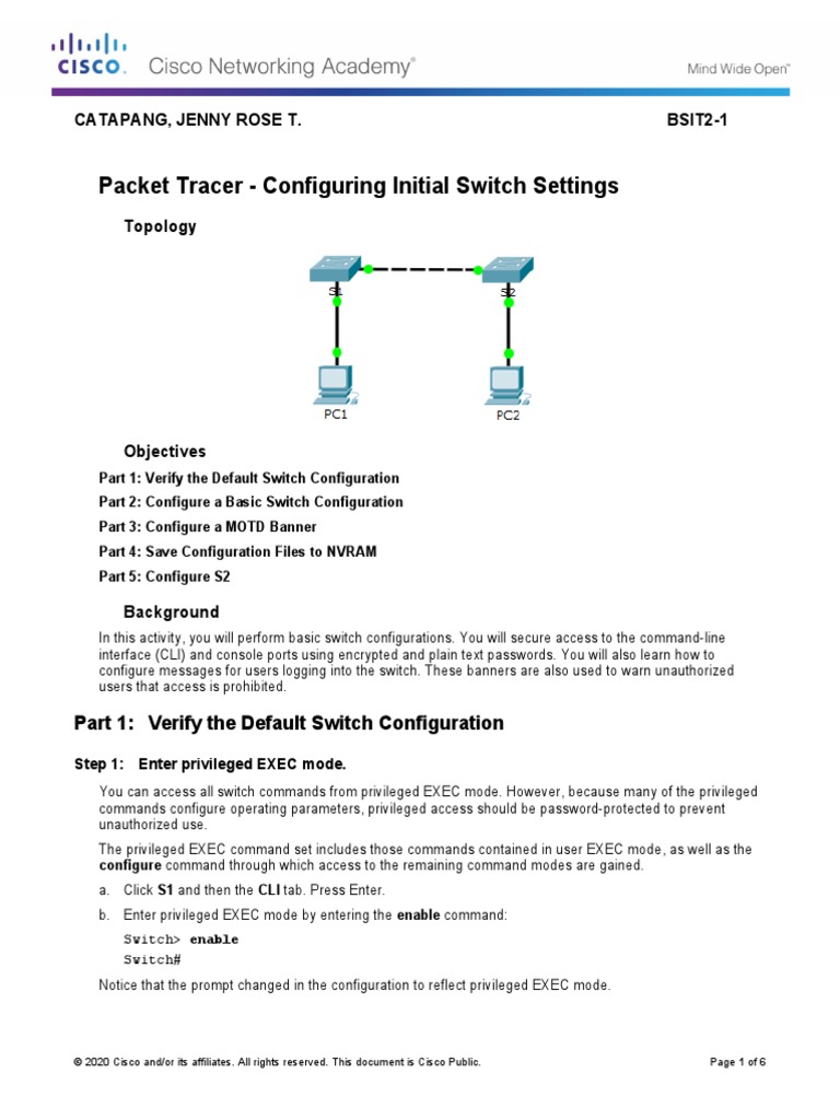 2 2 3 4 Packet Tracer Configuring Initial Switch Settings Pdf Command Line Interface