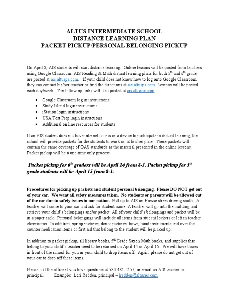 AIS Distance Learning & Packet Pickup Guide | PDF | Language Arts ...