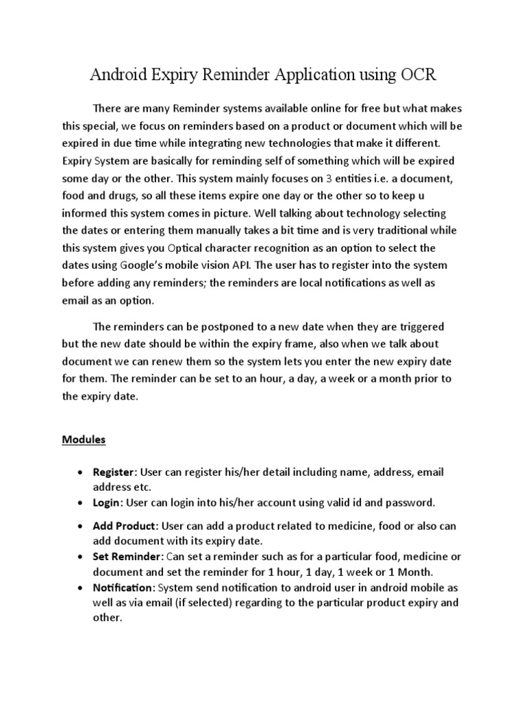 Android Expiry Reminder Application Using OCR: Modules | Download Free PDF | Optical Character ...