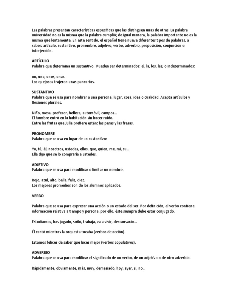 Tipos de palabras en español | PDF | Palabra | Verbo