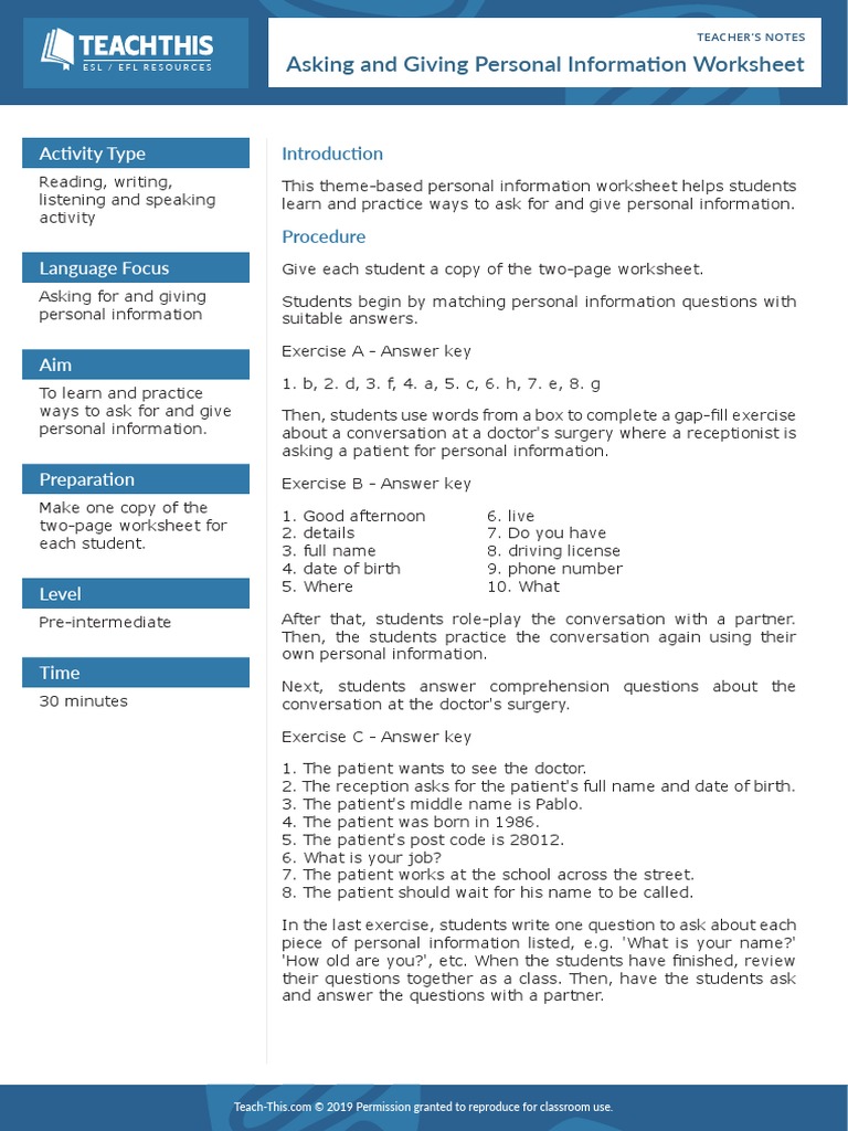 Asking and Giving Personal Information Worksheet | PDF | English As A ...