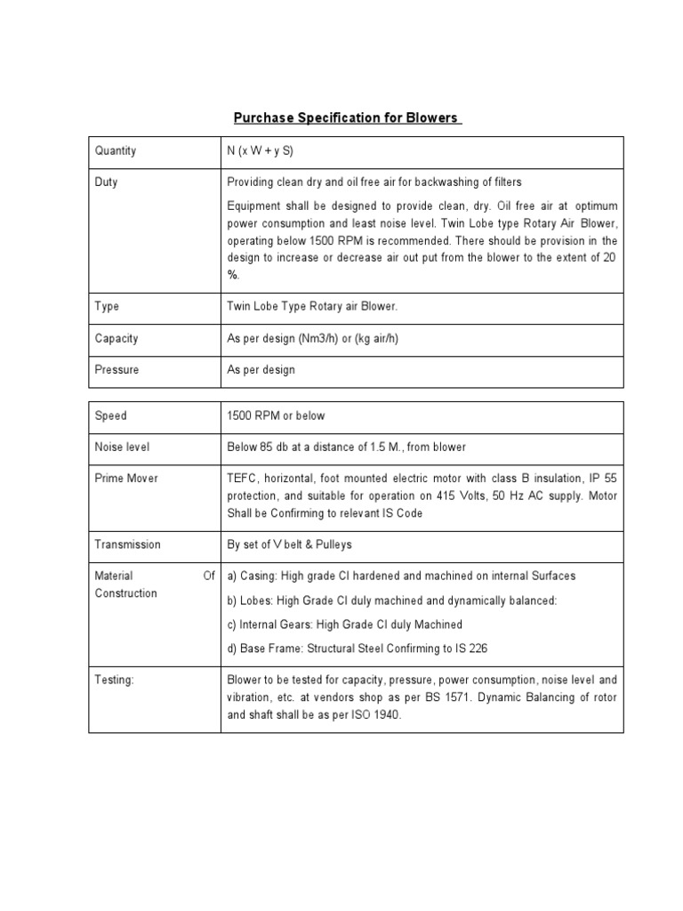 Sample Purchase Specification For Blower | PDF