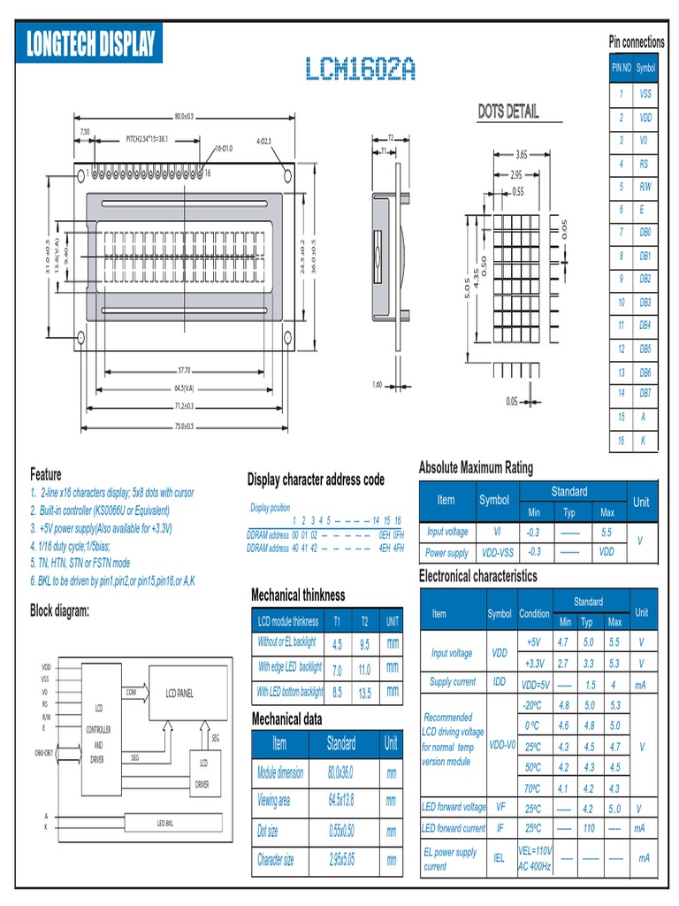 LCM1602A Display LCD16x2 PDF | Download Free PDF | Computer Hardware ...