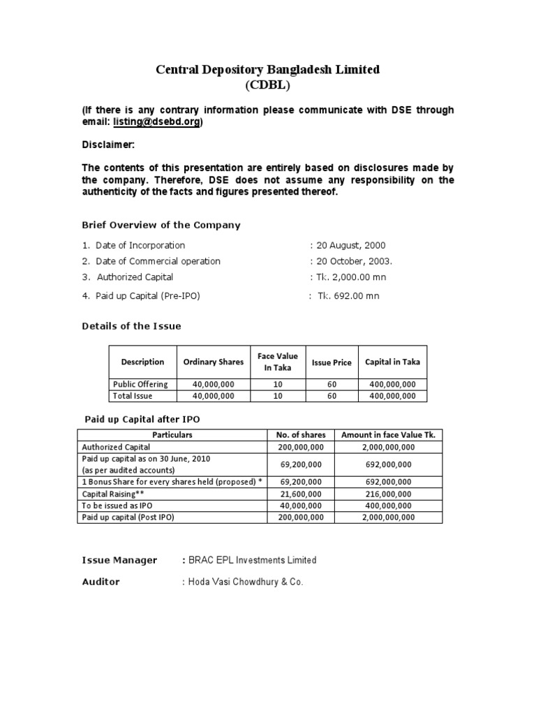Central Depository Bangladesh Limited (CDBL) : Brief Overview of The ...