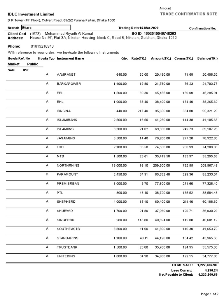 Trade Confirmation IDA1523 PDF | PDF | Investing | Business
