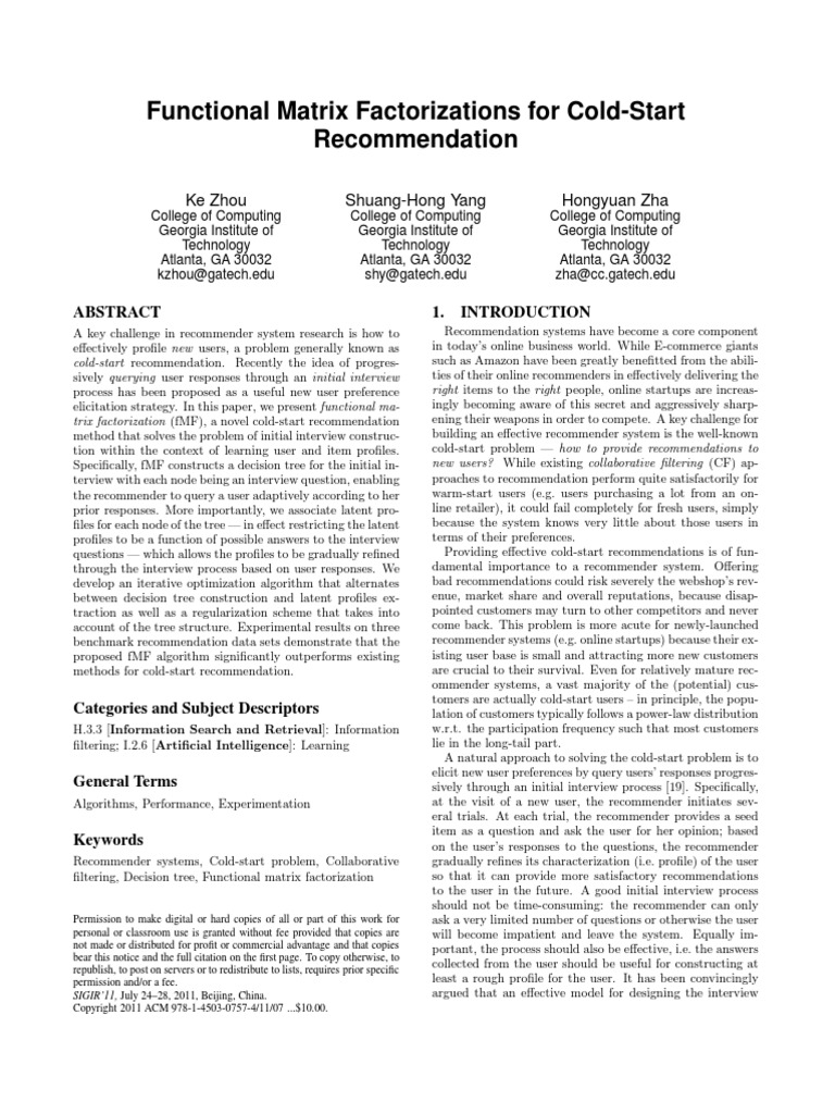 Functional Matrix Factorizations For Cold Start Recommandation | PDF ...