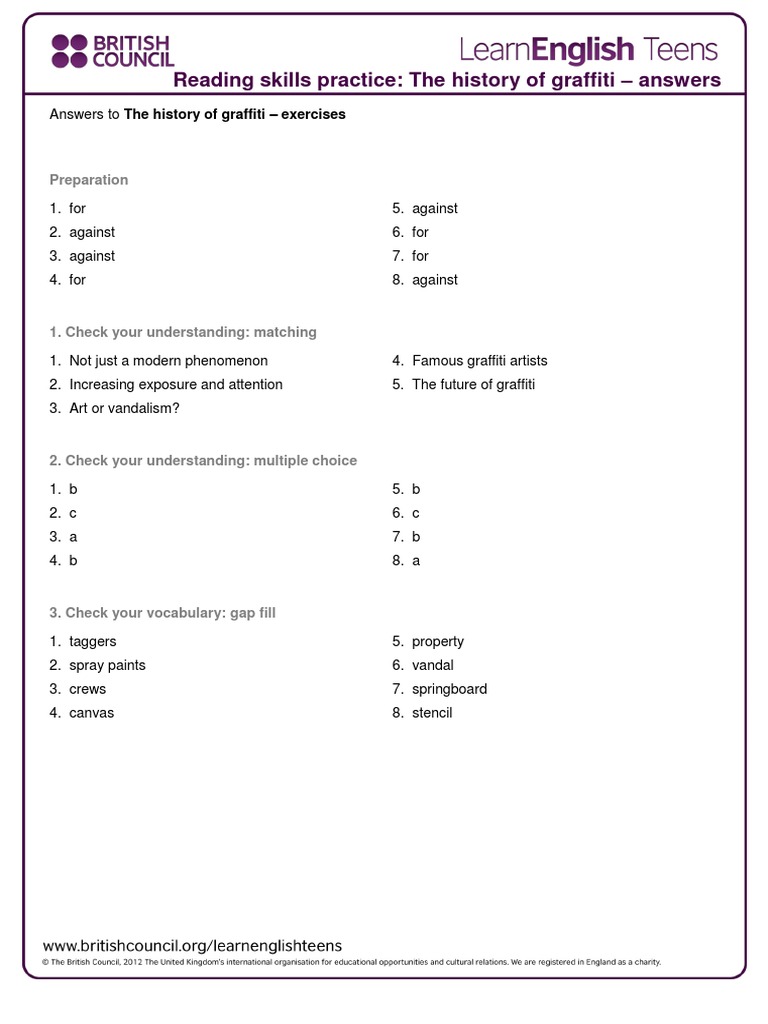 Reading Skills Practice: The History of Graffiti - Answers: Preparation ...