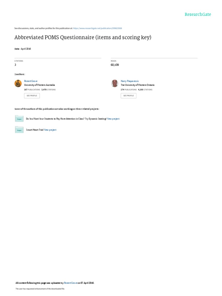 Abbreviated POMS Questionnaire (Items and Scoring Key) : April 2016 ...