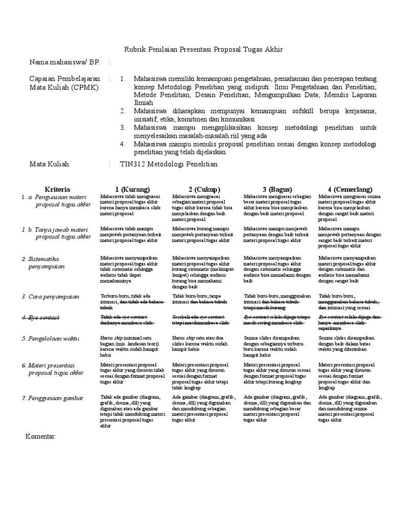Rubrik Penilaian Presentasi Proposal Tugas Akhir 2020 | PDF