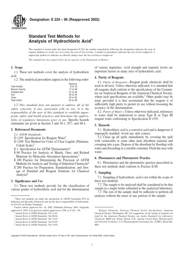 Analysis of Hydrochloric Acid: Standard Test Methods For | PDF ...